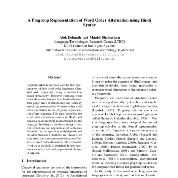 A Pregroup Representation of Word Order Alternation Using Hindi Syntax ...