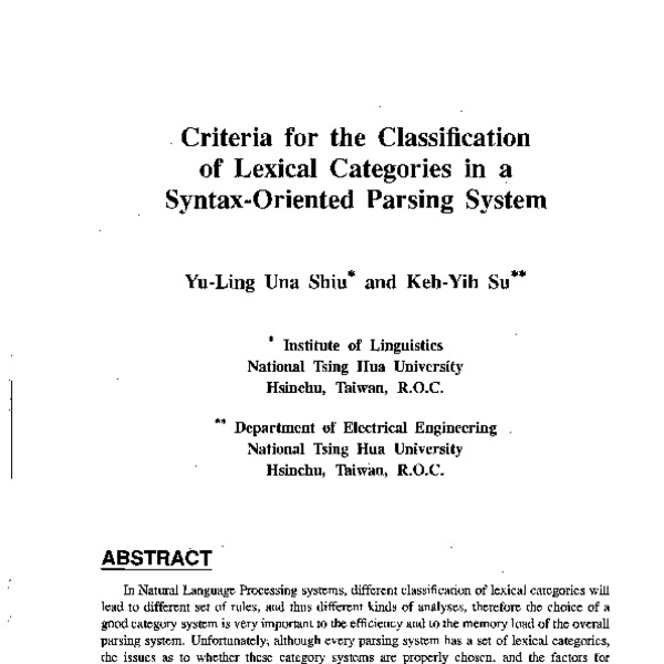 Criteria For The Classification Of Lexical Categories In A Syntax