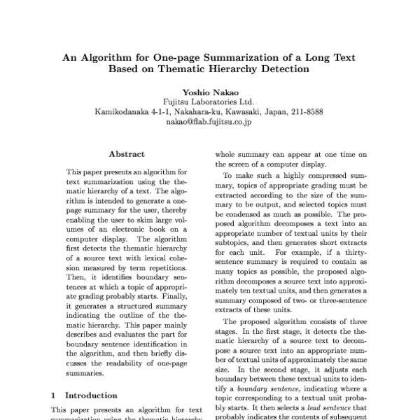 An Algorithm for One-page Summarization of a Long Text Based on Thematic Hierarchy Detection ...