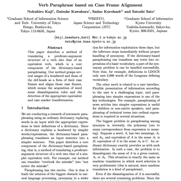 Verb Paraphrase based on Case Frame Alignment - ACL Anthology
