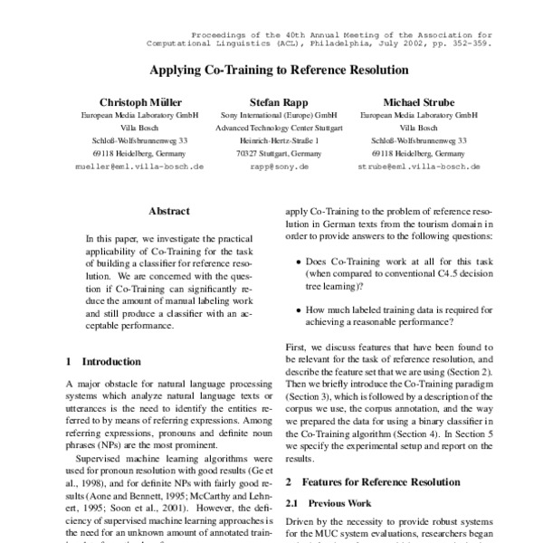 Applying Co-Training to Reference Resolution - ACL Anthology