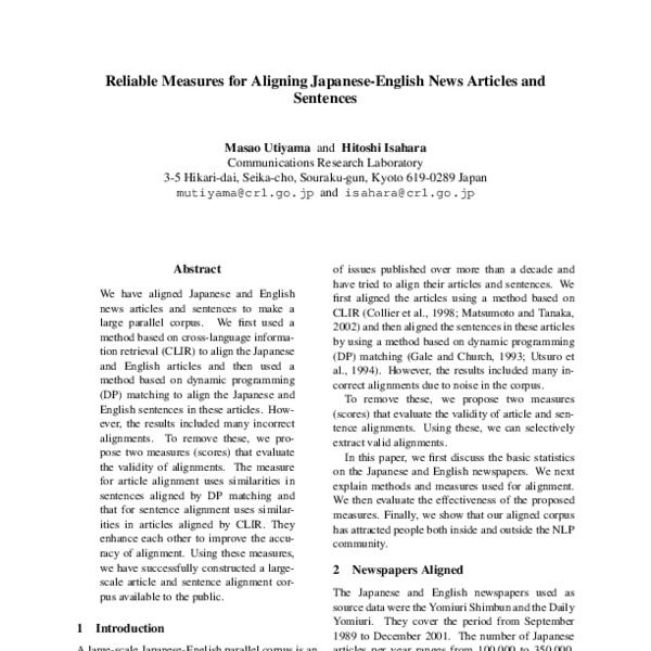 Reliable Measures for Aligning Japanese-English News Articles and ...