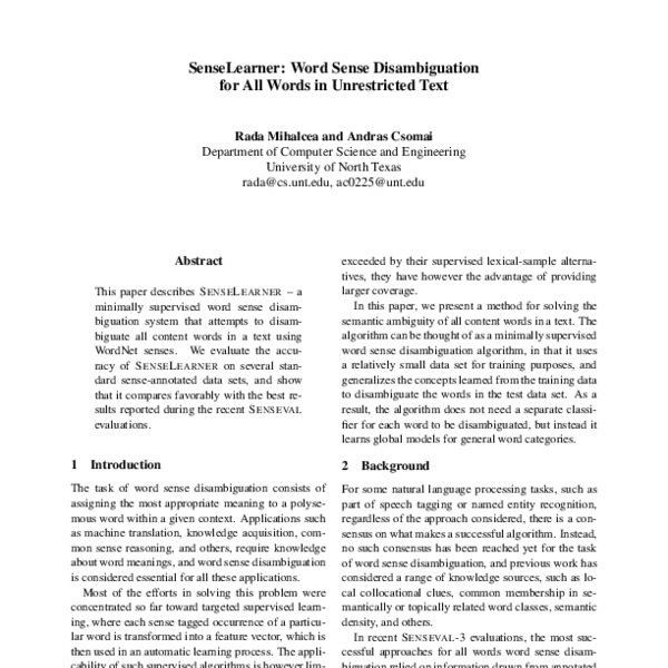 SenseLearner: Word Sense Disambiguation for All Words in Unrestricted ...