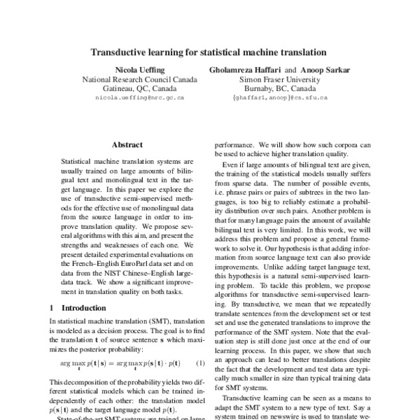 Transductive learning for statistical machine translation - ACL Anthology