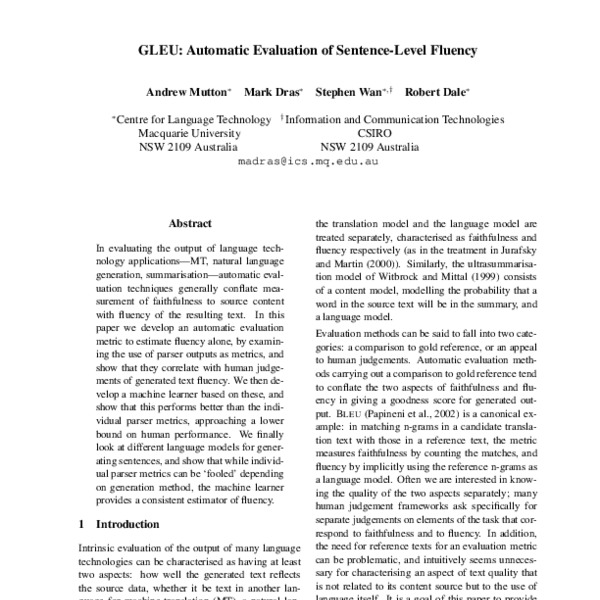 GLEU: Automatic Evaluation of Sentence-Level Fluency - ACL Anthology