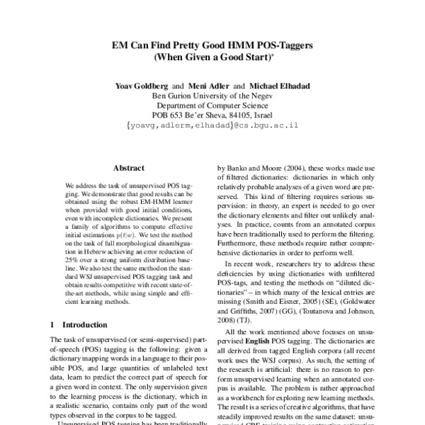 EM Can Find Pretty Good HMM POS-Taggers (When Given a Good Start) - ACL ...