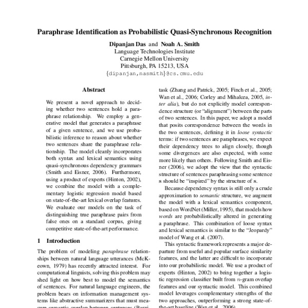 Paraphrase Identification as Probabilistic Quasi-Synchronous ...