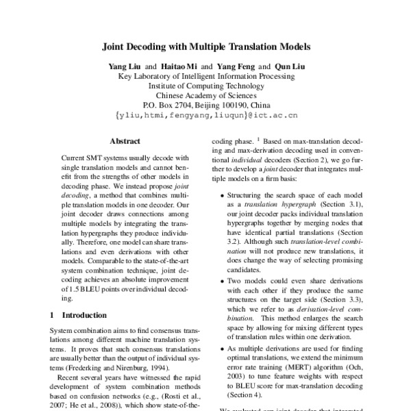 Joint Decoding with Multiple Translation Models - ACL Anthology