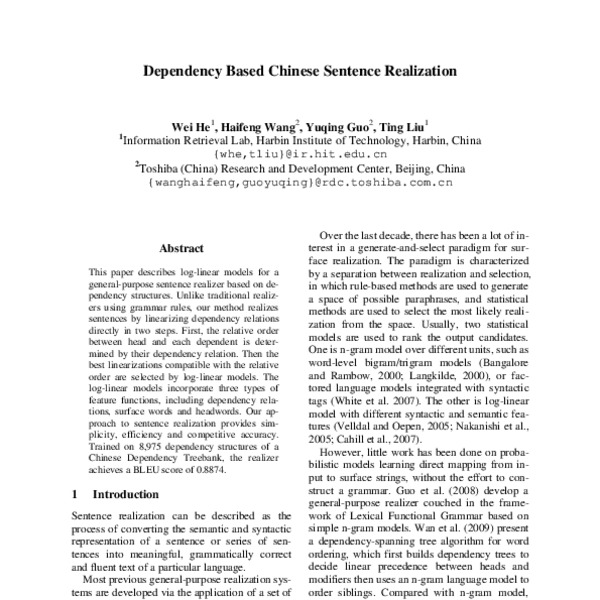 Dependency Based Chinese Sentence Realization - ACL Anthology