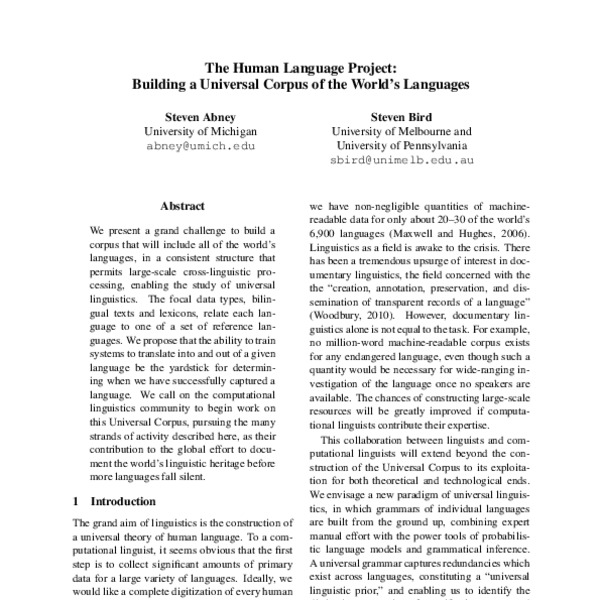 The Human Language Project: Building a Universal Corpus of the World’s ...