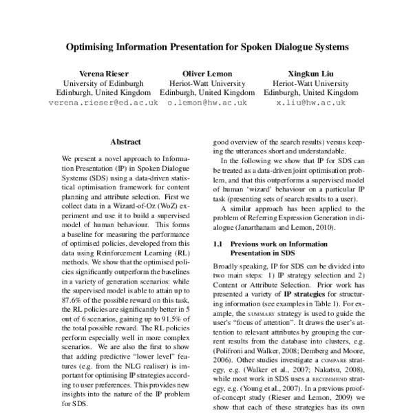 Optimising Information Presentation for Spoken Dialogue Systems - ACL ...