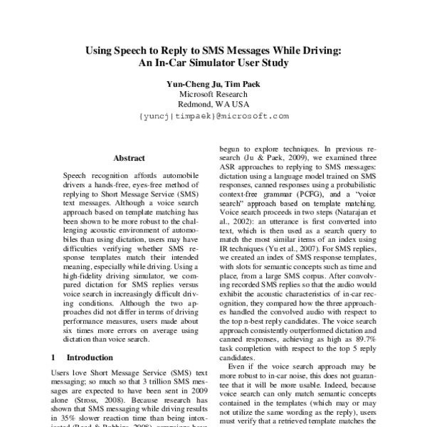Using Speech to Reply to SMS Messages While Driving: An In-Car ...