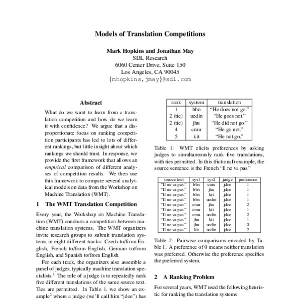 Models of Translation Competitions - ACL Anthology