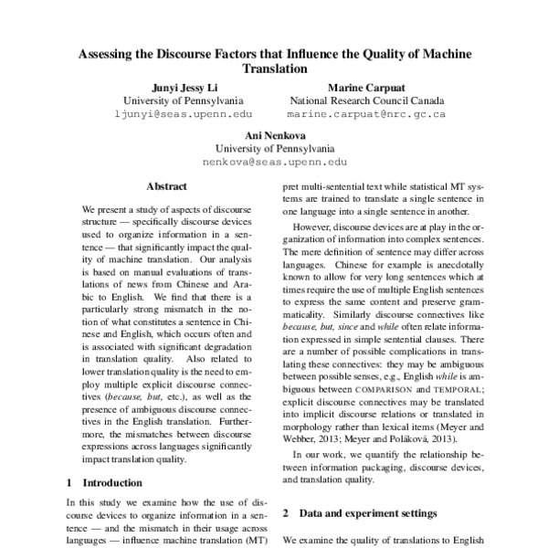 Assessing the Discourse Factors that Influence the Quality of Machine ...