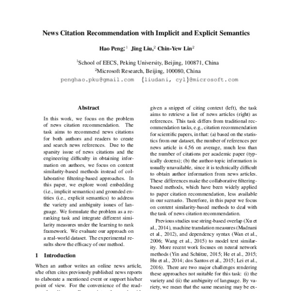 News Citation Recommendation with Implicit and Explicit Semantics - ACL ...