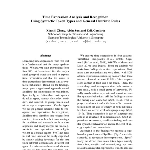 Time Expression Analysis and Recognition Using Syntactic Token Types and General Heuristic Rules ...
