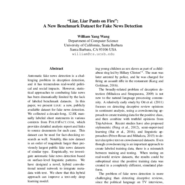 “Liar, Liar Pants on Fire”: A New Benchmark Dataset for Fake News ...