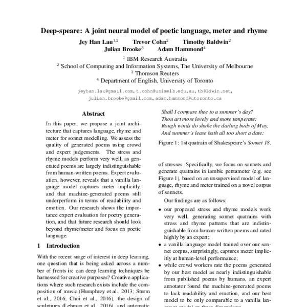 Deep-speare: A joint neural model of poetic language, meter and rhyme ...