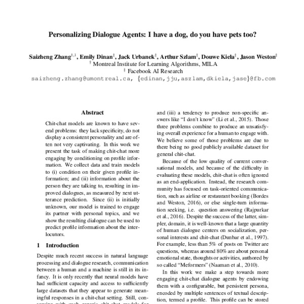 Personalizing Dialogue Agents: I have a dog, do you have pets too ...