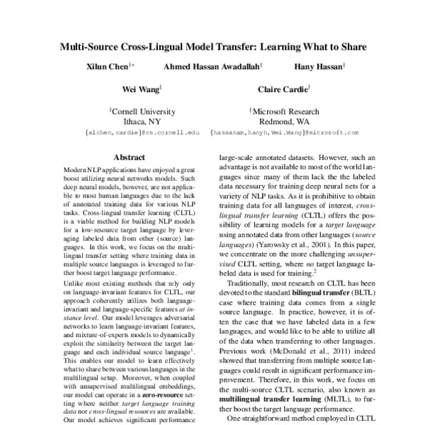 Multi Source Cross Lingual Model Transfer Learning What To Share Acl