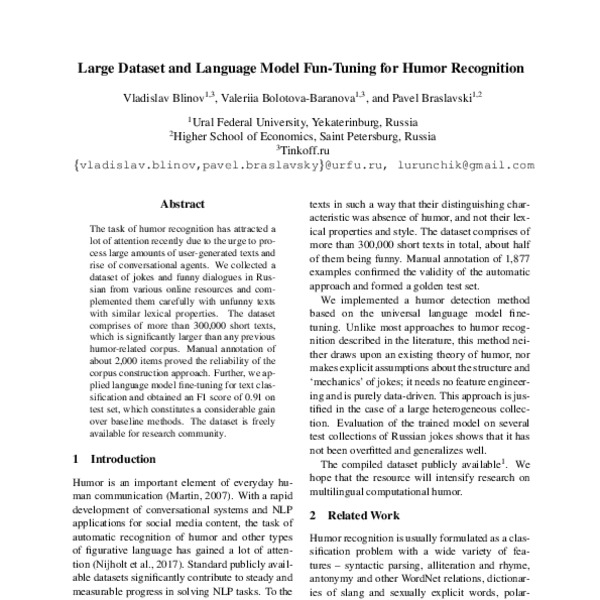 Large Dataset and Language Model Fun-Tuning for Humor Recognition - ACL ...