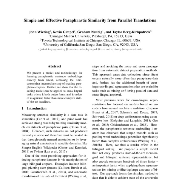 Simple and Effective Paraphrastic Similarity from Parallel Translations ...