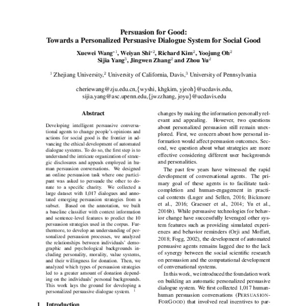 Persuasion for Good: Towards a Personalized Persuasive Dialogue System ...