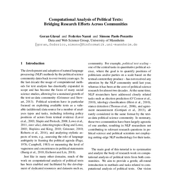 Computational Analysis of Political Texts: Bridging Research Efforts ...