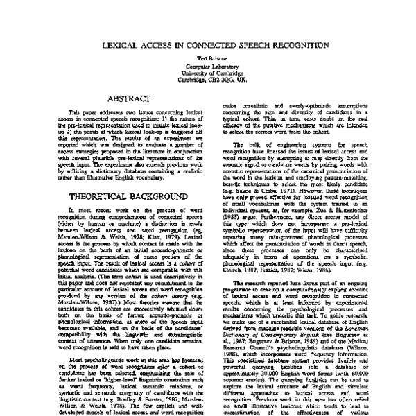 Lexical Access in Connected Speech Recognition - ACL Anthology