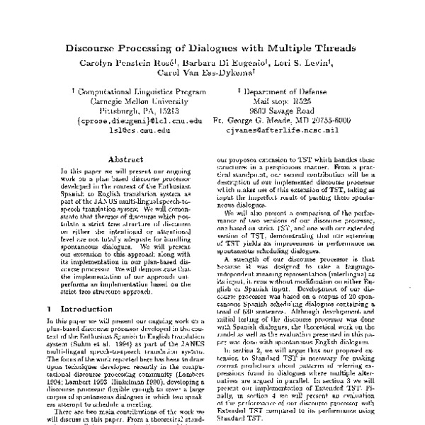 Discourse Processing of Dialogues with Multiple Threads - ACL Anthology