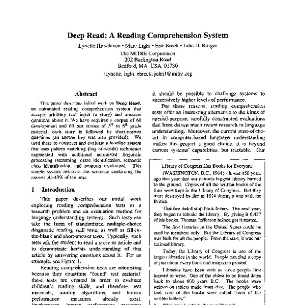 Deep Read: A Reading Comprehension System - ACL Anthology