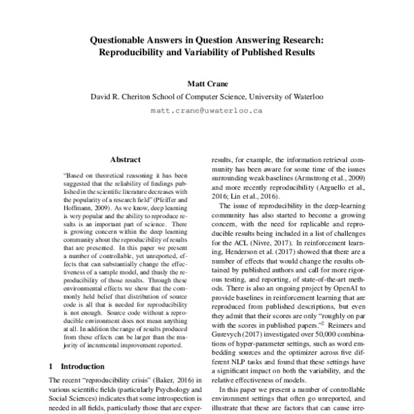 Questionable Answers in Question Answering Research: Reproducibility ...