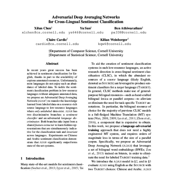 Adversarial Deep Averaging Networks For Cross Lingual Sentiment Classification Acl Anthology