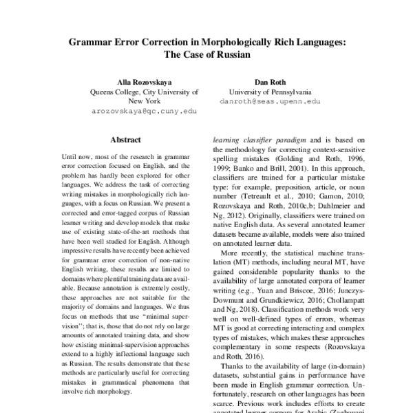 Grammar Error Correction in Morphologically Rich Languages: The Case of ...