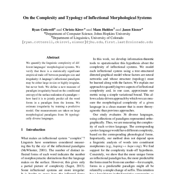 On the Complexity and Typology of Inflectional Morphological Systems - ACL Anthology