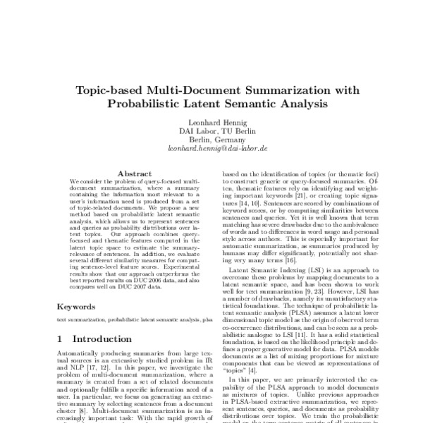 Topic-based Multi-Document Summarization with Probabilistic Latent Semantic Analysis - ACL Anthology