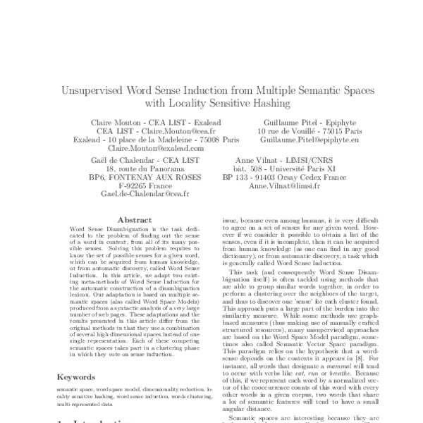 Unsupervised Word Sense Induction from Multiple Semantic Spaces with Locality Sensitive Hashing ...