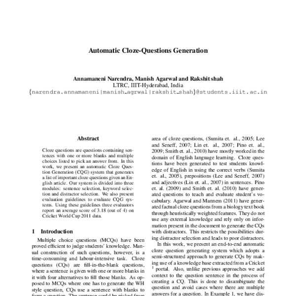 Automatic Cloze-Questions Generation - ACL Anthology