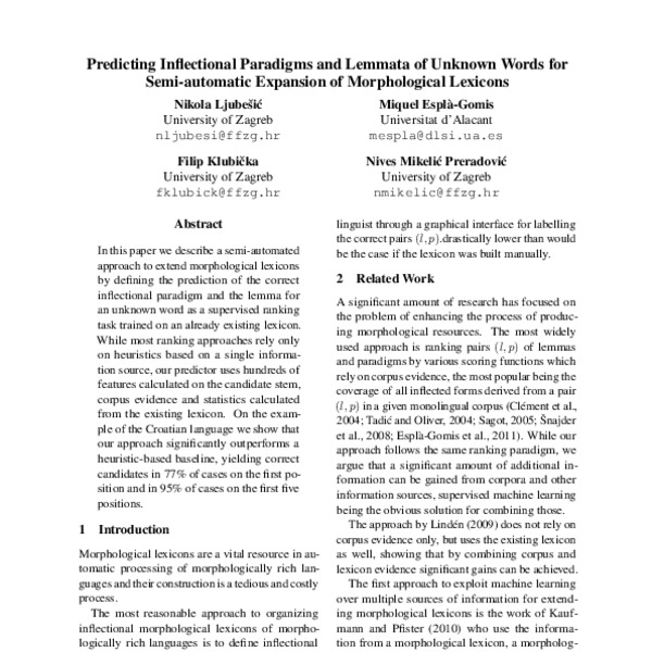 Predicting Inflectional Paradigms and Lemmata of Unknown Words for Semi ...