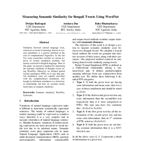 Measuring Semantic Similarity for Bengali Tweets Using WordNet - ACL Anthology