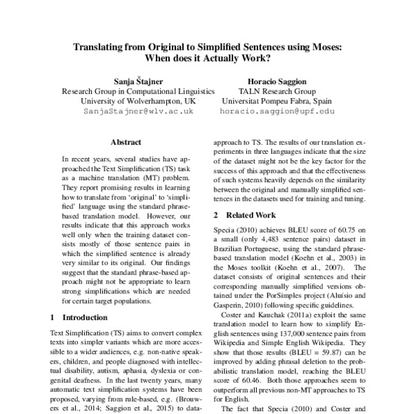 Translating from Original to Simplified Sentences using Moses: When ...
