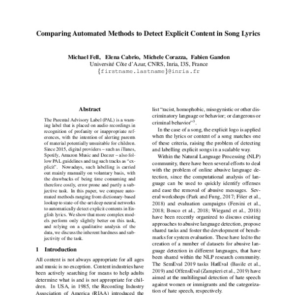 Comparing Automated Methods To Detect Explicit Content In Song Lyrics