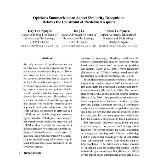 Opinions Summarization: Aspect Similarity Recognition Relaxes The Constraint of Predefined ...