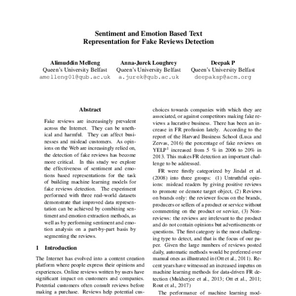 Sentiment and Emotion Based Representations for Fake Reviews Detection - ACL Anthology