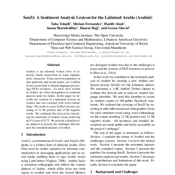 SenZi: A Sentiment Analysis Lexicon for the Latinised Arabic (Arabizi ...