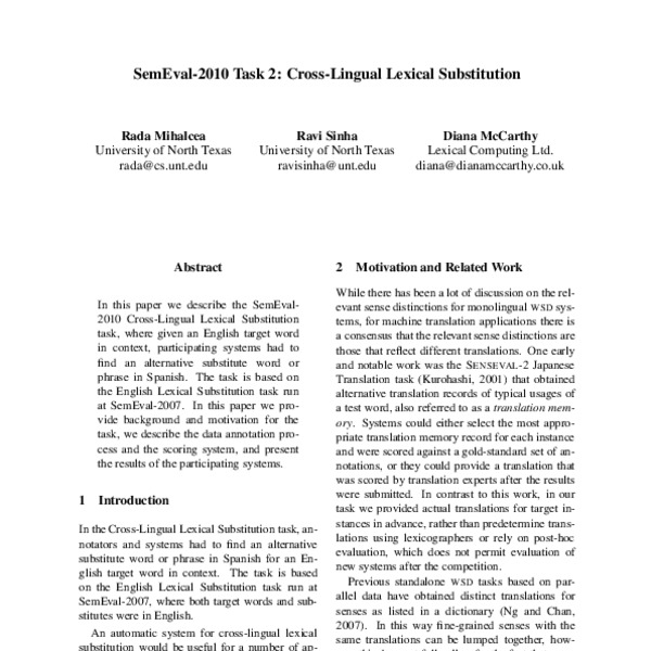 SemEval-2010 Task 2: Cross-Lingual Lexical Substitution - ACL Anthology
