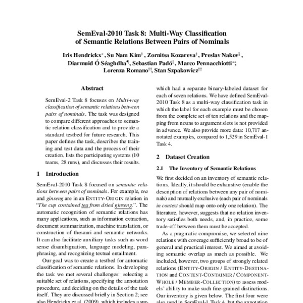 SemEval-2010 Task 8: Multi-Way Classification of Semantic Relations between Pairs of Nominals ...