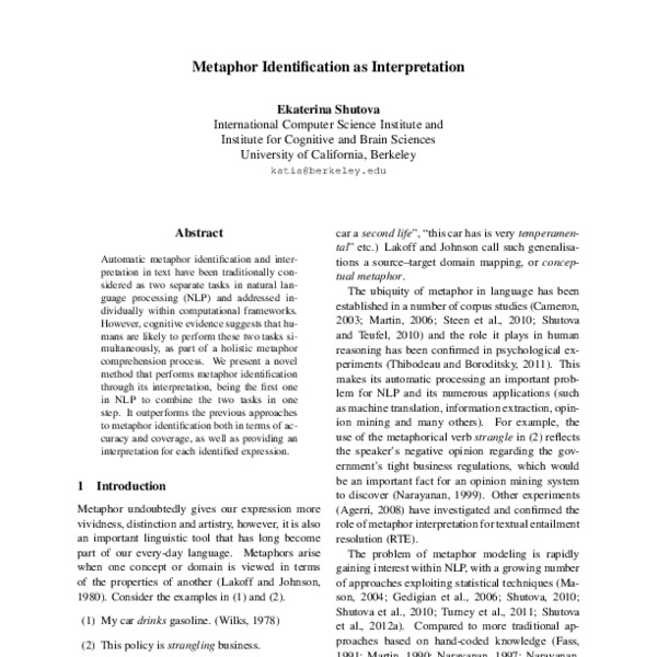 Metaphor Identification as Interpretation - ACL Anthology