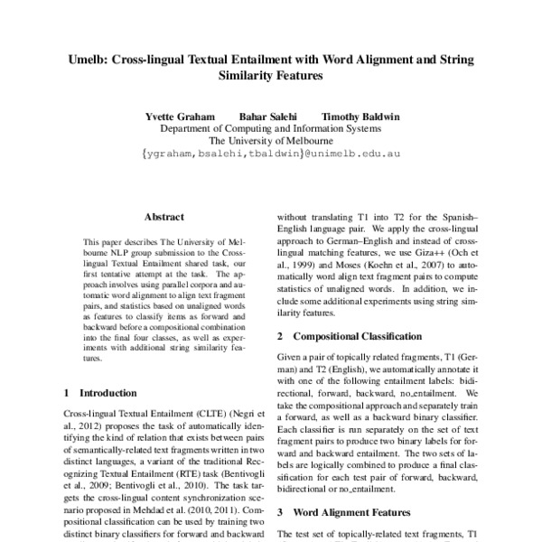 Umelb: Cross-lingual Textual Entailment with Word Alignment and String Similarity Features - ACL ...