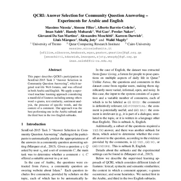 QCRI: Answer Selection for Community Question Answering - Experiments ...